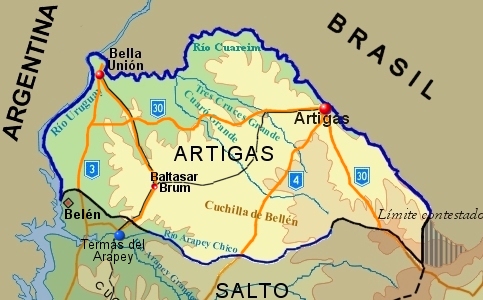 Mapa de Artigas relieve y carreteras